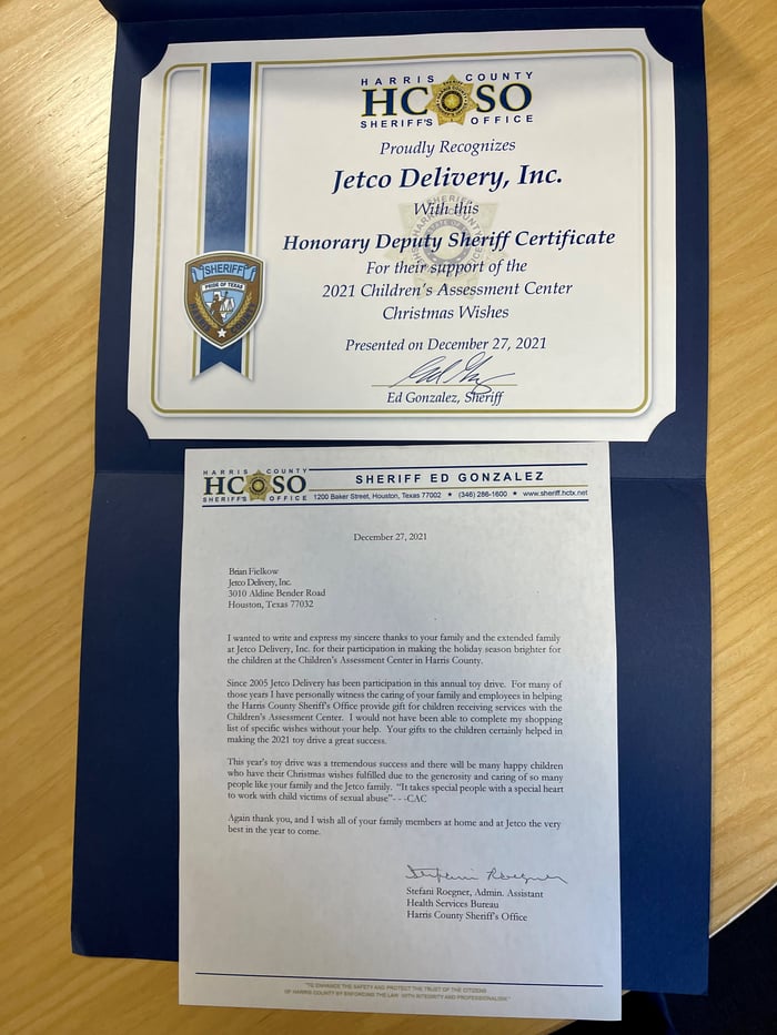 Harris County Sheriff's Office Recognizes Jetco Delivery
